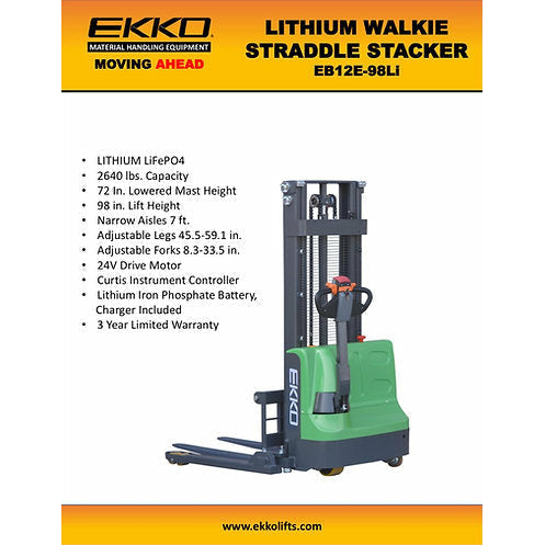 EKKO Lithium Straddle Stacker | 98" Lift Height | 2640 lb Capacity | E ...